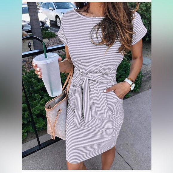 Merokeety | Dresses | Merokeety Striped Short Sleeve Dress Tie Waist ...